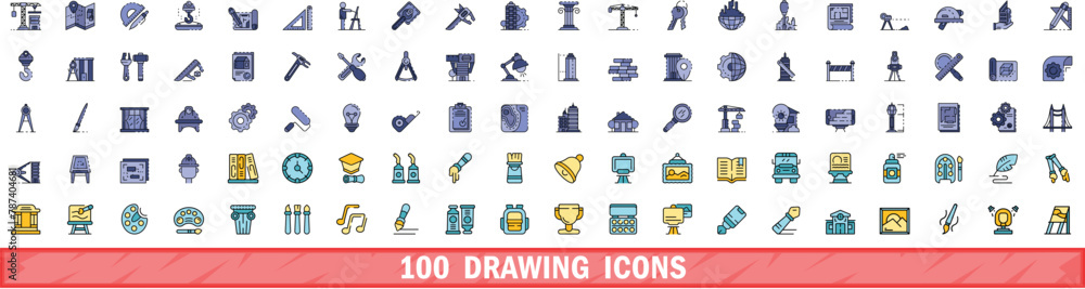 100 drawing icons set. Color line set of drawing vector icons thin line ...