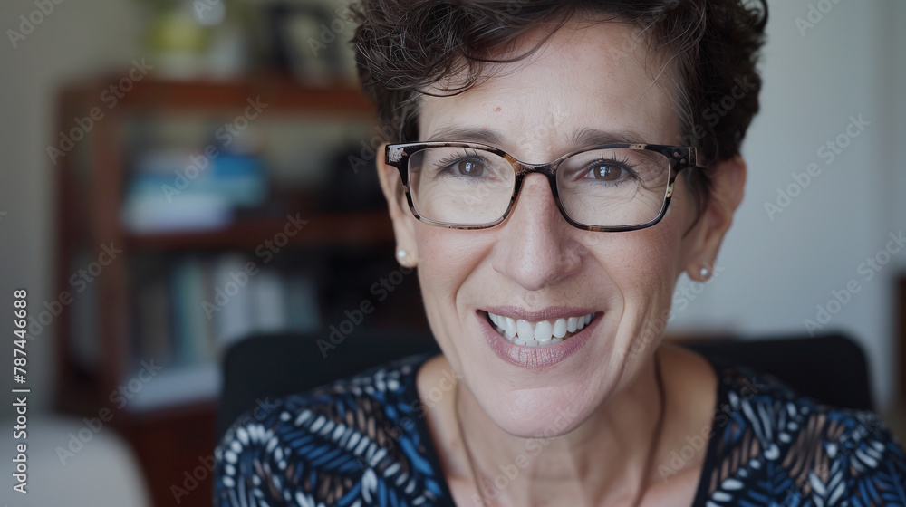 Portrait of an older average fit woman with short hair smiling at the ...