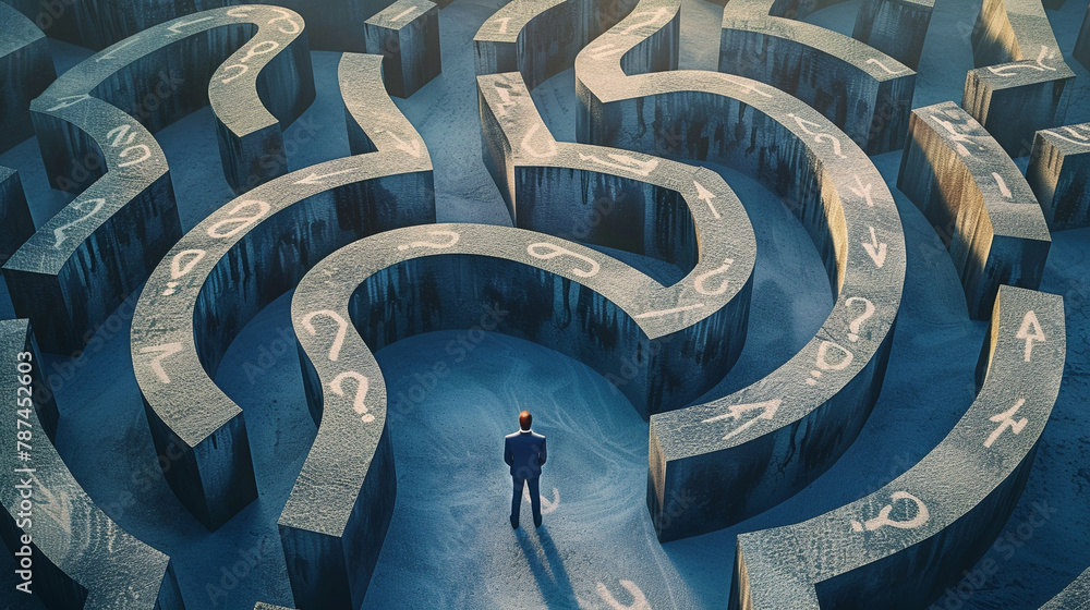 A maze made of question marks with a person at the entrance, scratching ...