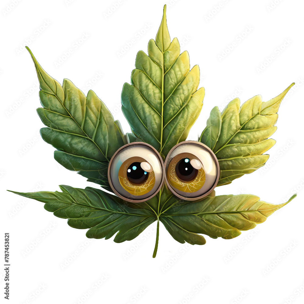 Cute cartoon hemp leaf character, large with large eyes, white ...