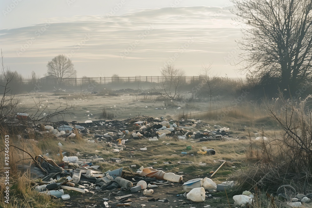 dystopian futuristic countryside landscape with power plants in the ...