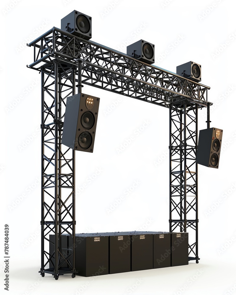 A side view of black sound system line array speakers on top and bottom ...