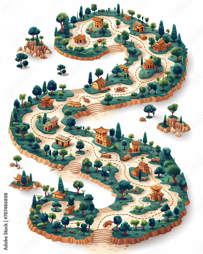 Silk Road Visualized: Detailed Watercolor Village Map Flowchart Stock ...