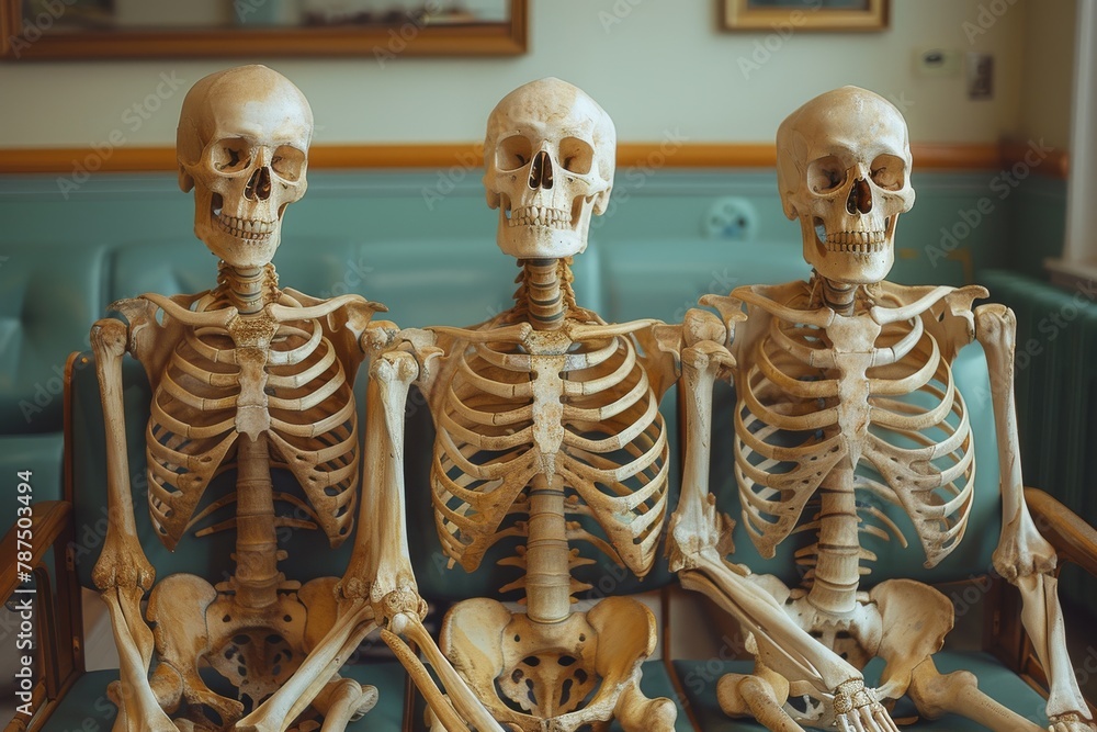 Skeleton models align in rows on chairs in a classroom setting ...