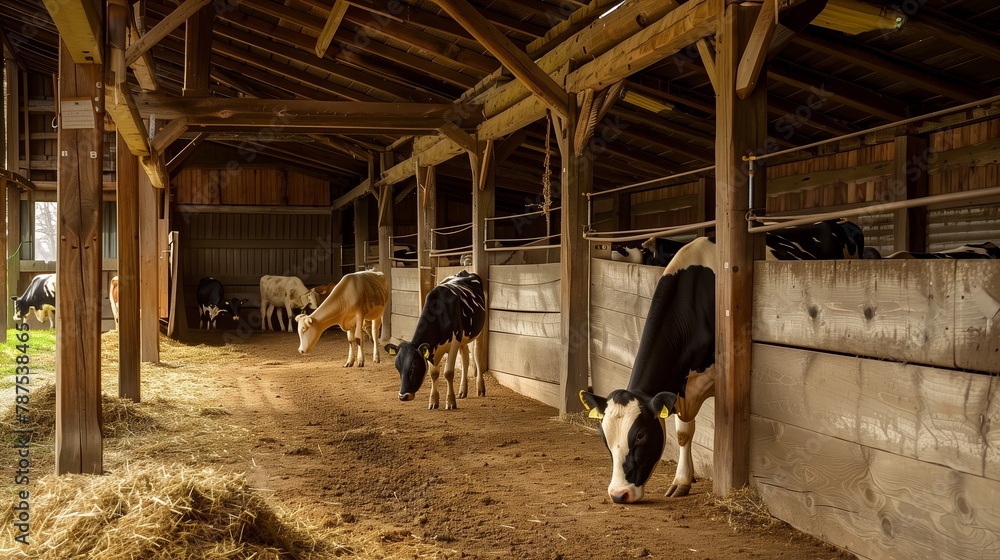 Beautiful herd of purebred cows in the cowshed of a modern farm with ...
