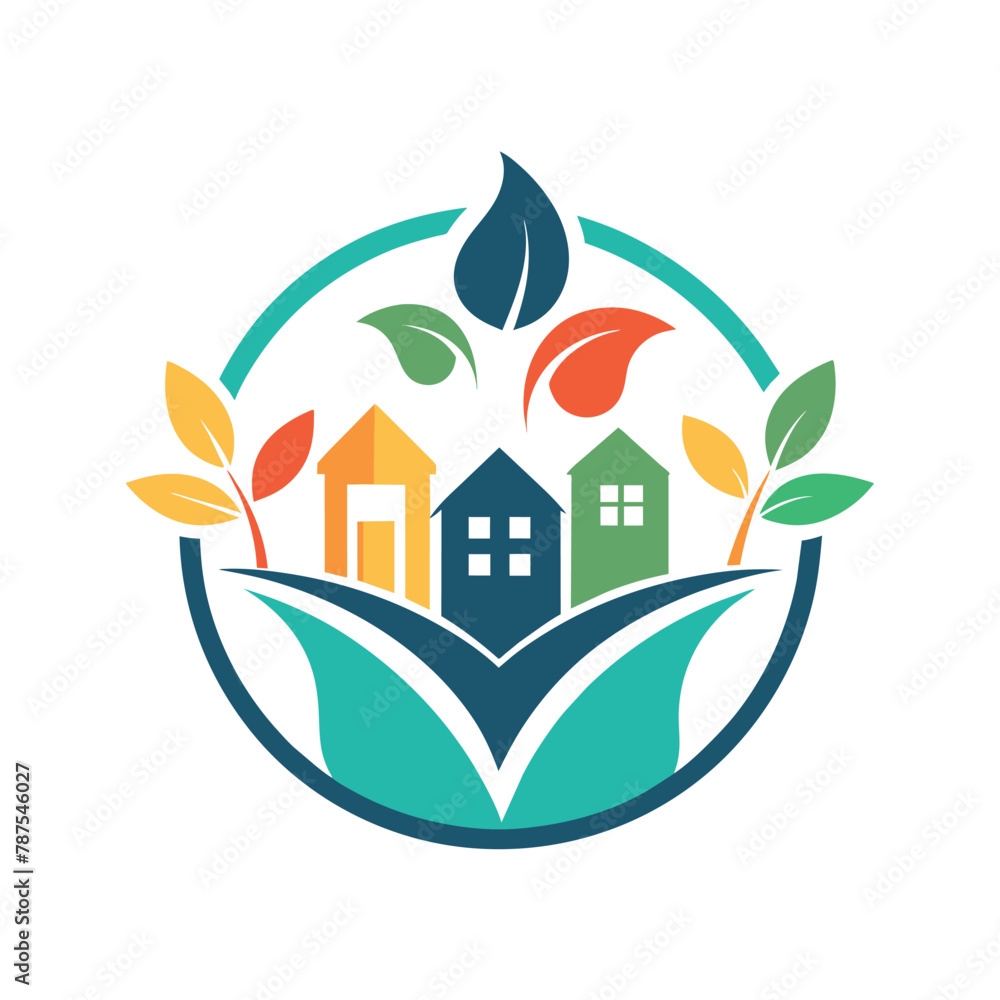 Logo featuring houses and leaves enclosed in a border, Design a simple ...