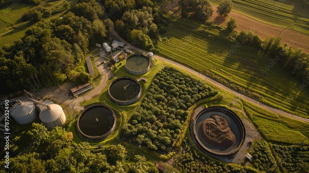 Foto de Stock An aerial view of a rural area shows multiple biogas ...
