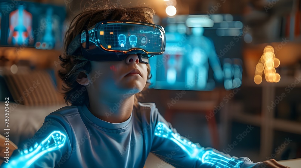 ภาพประกอบ Stock Kids with VR headset glasses, futuristic equipment and ...