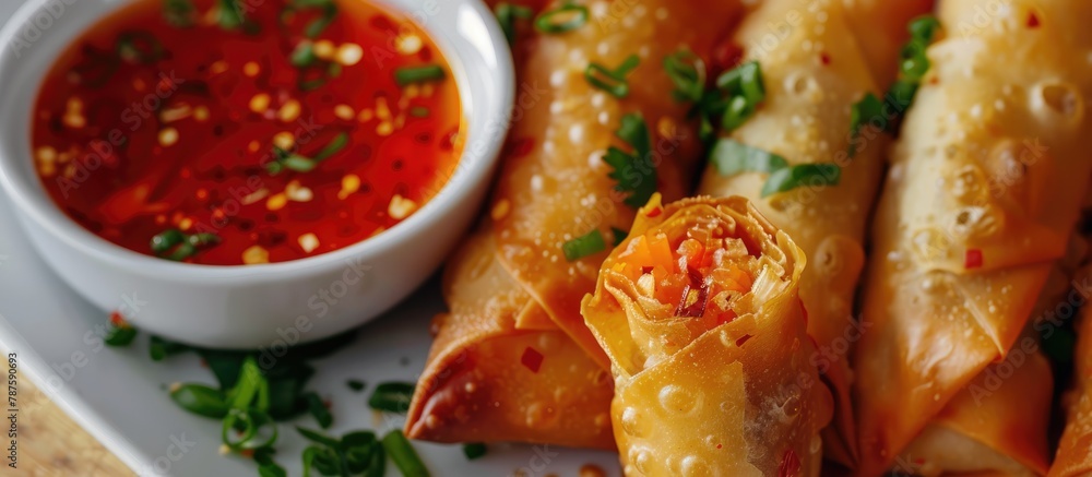 Chinese spring rolls that have been fried and served with a side of ...
