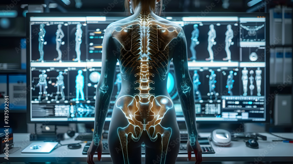Illustration of orthopedic analysis technology, a pelvis and body scan ...