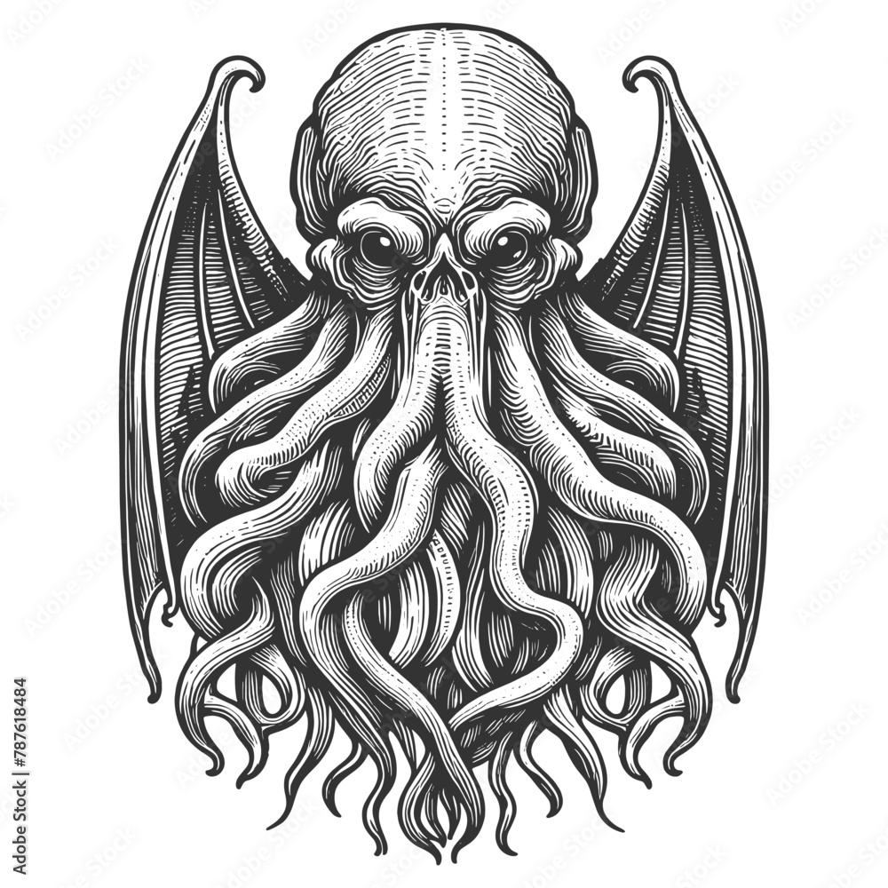 mythical creature Cthulhu, with prominent tentacles and outstretched ...