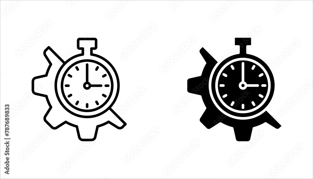 time management icon set. Cogwheel clock dial, development process logo ...