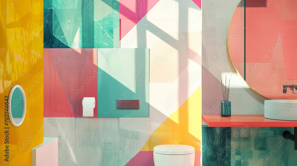 Layers of geometric shapes in vibrant colors, each layer revealing a witty take on bathroom ...