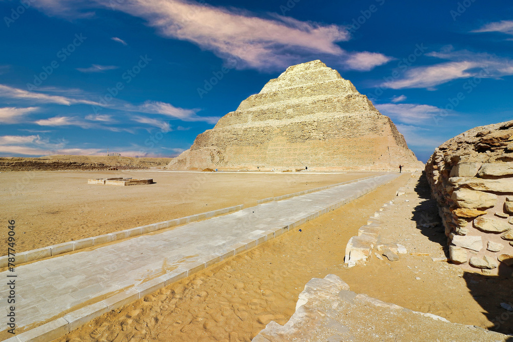 Spectacular wide angle view of the Step Pyramid of Djoser and courtyard,built by Imhotep, the ...