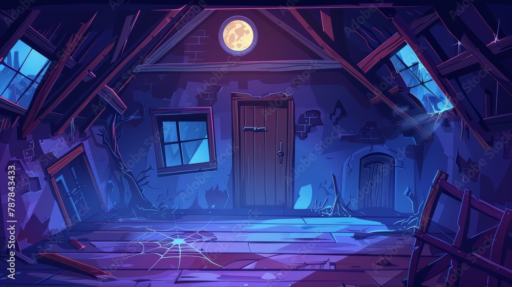 Attic of abandoned house at night. Broken roof, walls, beams, clutter ...