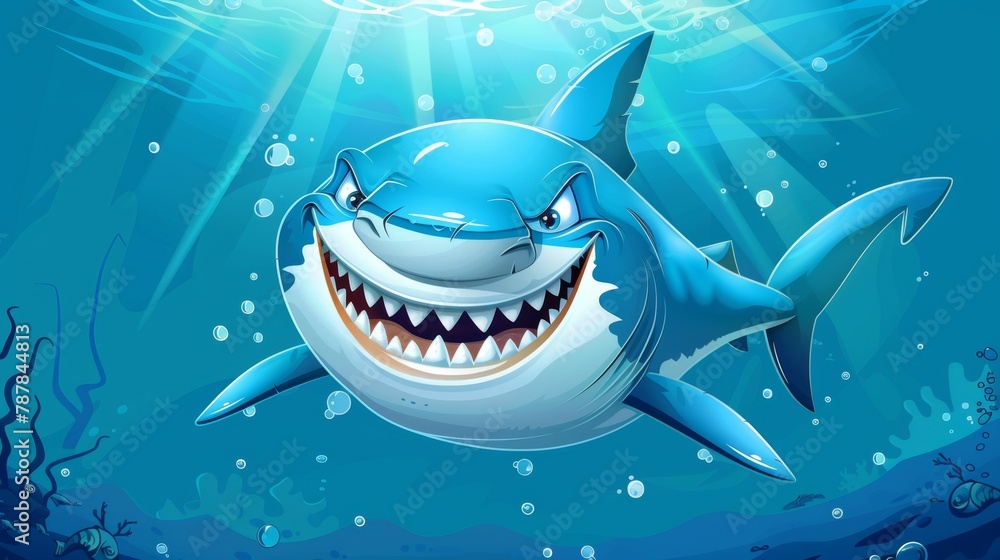 ภาพประกอบ Stock Cartoon illustration of angry and happy shark under ...