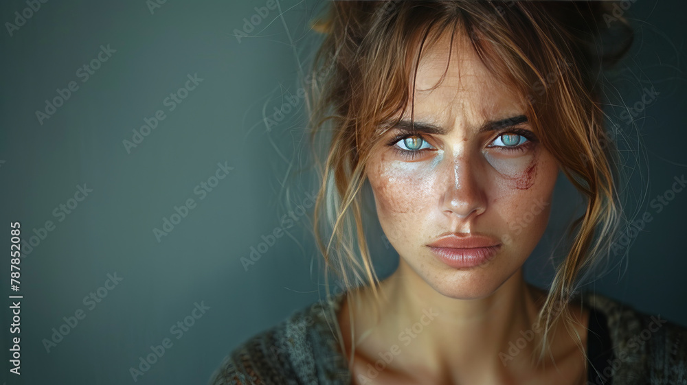 Foto de Stock sad scared woman with big bruise under eye because of ...