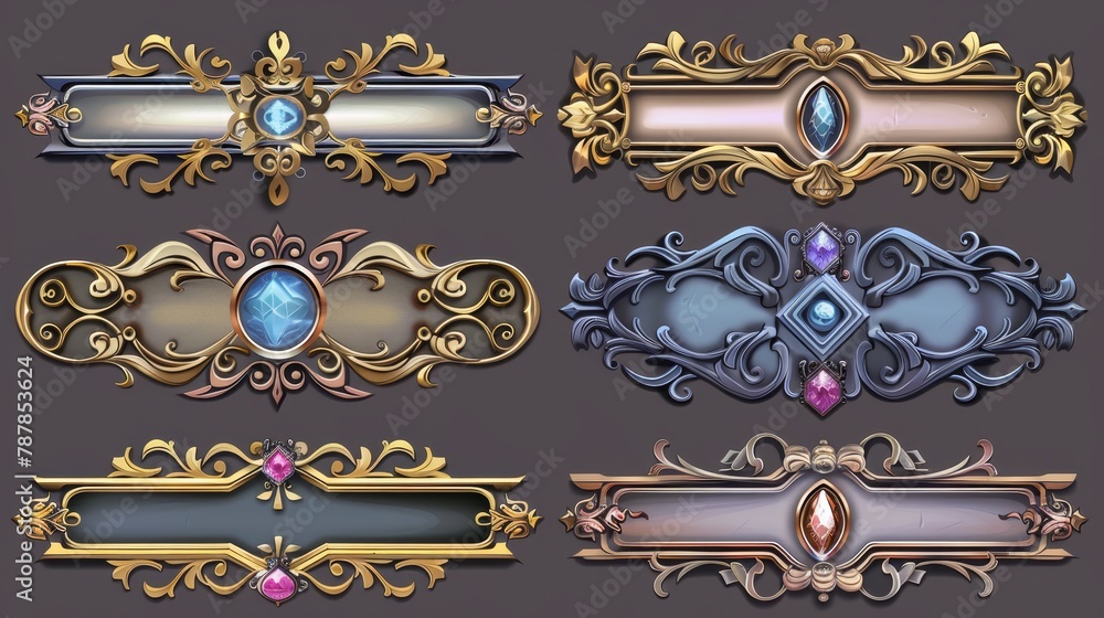 UI medieval borders of gold metal and gems on silver and gold vintage ...