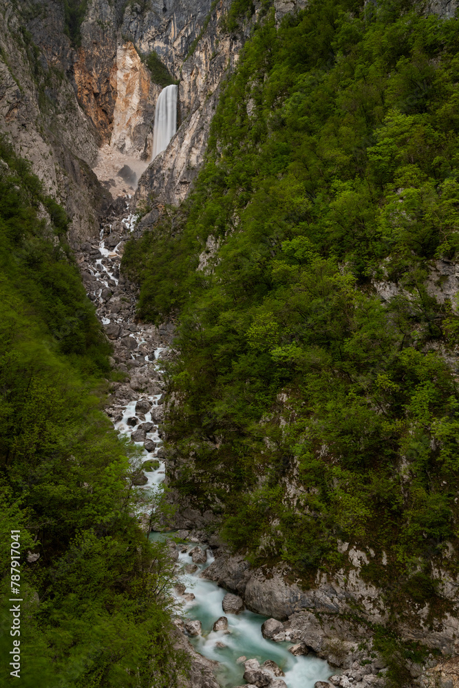 Boka waterfall in Slovenia, near Bovec. Easy trekking nature trail in ...