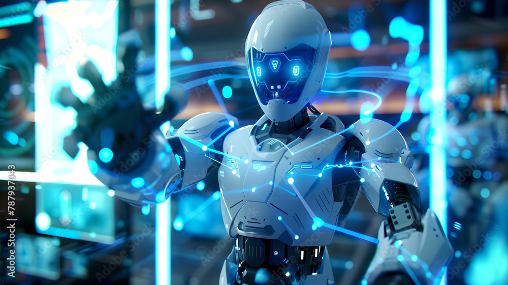 AI robot with futuristic interface. High-tech cyborg in a digital world. Autonomous artificial ...
