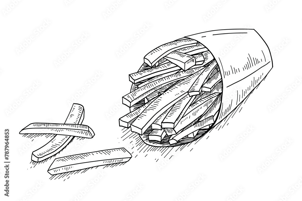 Vector vintage french fries drawing. Hand drawn monochrome fast food ...