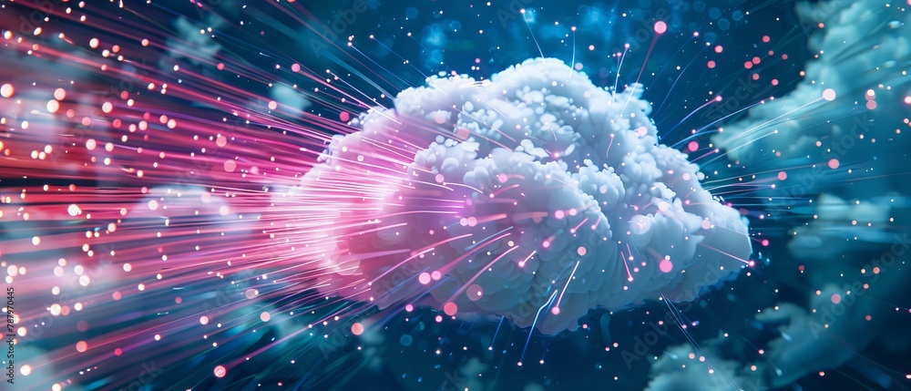 Cloud computing setup showcases high speed data transmission via optical fibers for connectivity ...