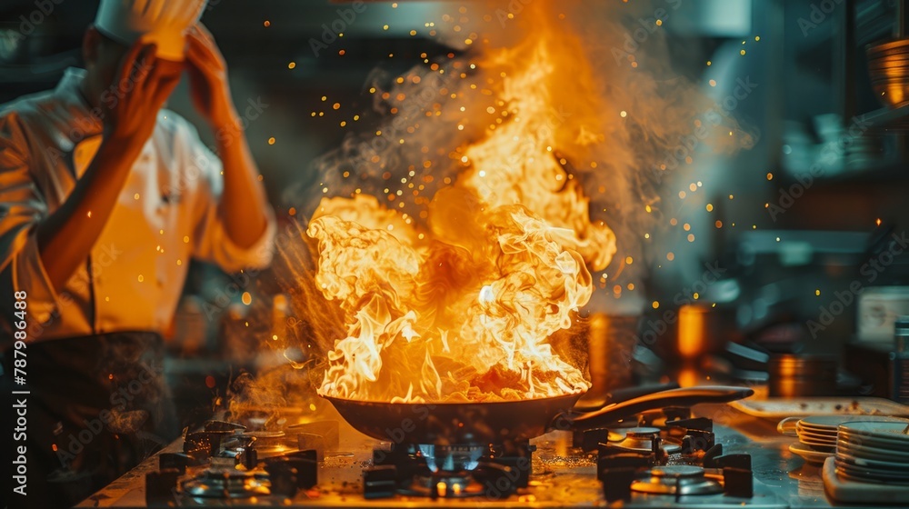 Amidst the hustle of the restaurant kitchen, a stove catches fire ...