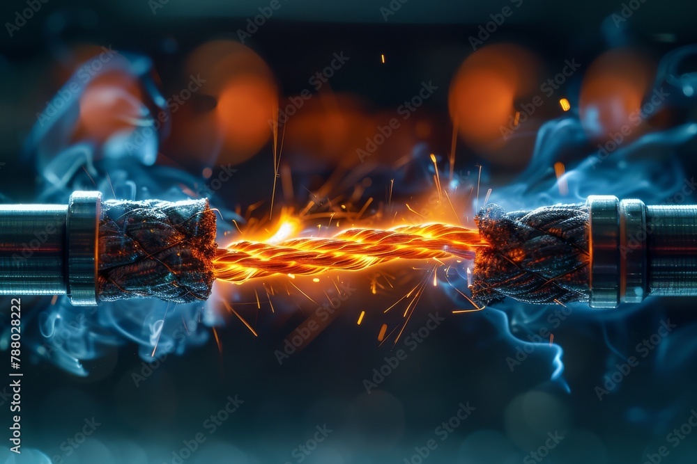 Macro shot of electrical sparks flying between two frayed wires ...