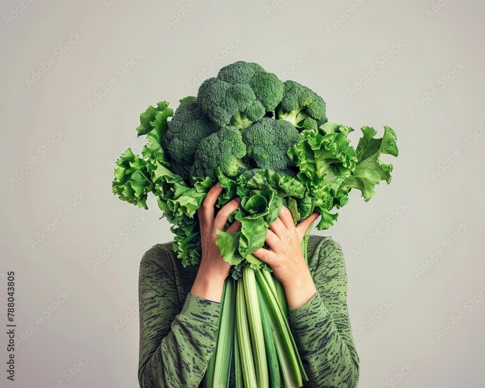 No face character holding fresh green vegetables variety, depicted in a ...