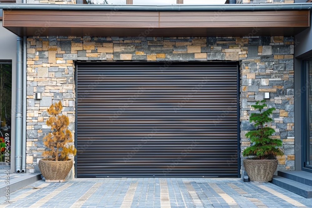 Front view of metal roller shutter door with tile stone background ...