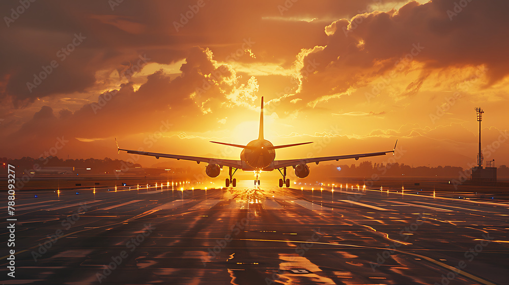 Airplane taking off from the runway sunset cloudy sky airport ...