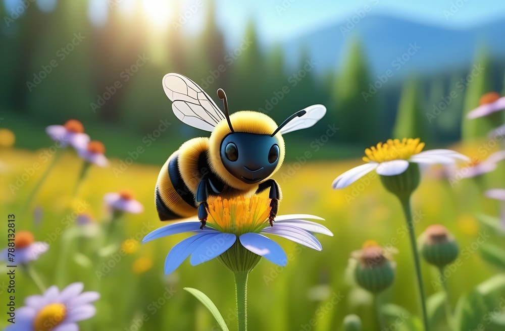 Cartoon illustration of bee sitting on chamomile flower against ...