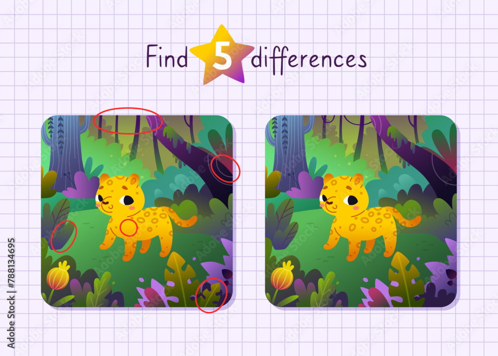 Cartoon mini game for kids with jaguar in jungle. Find differences ...