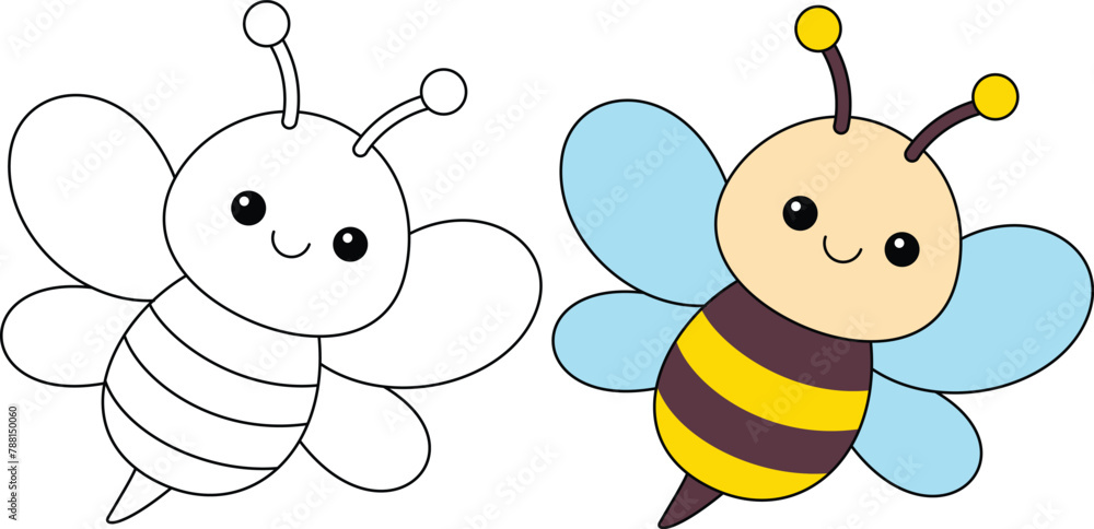 Cute kawaii cartoon character bee coloring page, vector printable ...