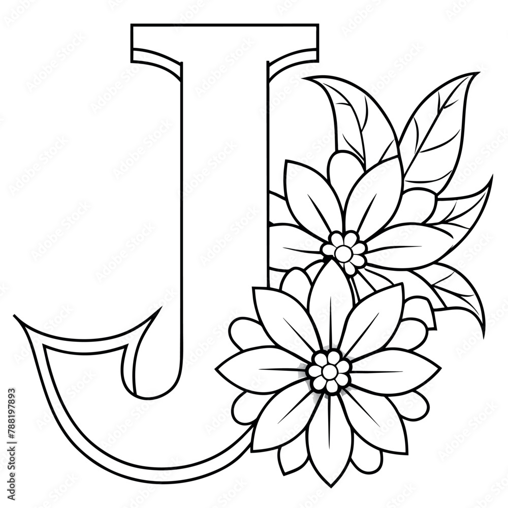 Alphabet J coloring page with the flower, J letter digital outline ...