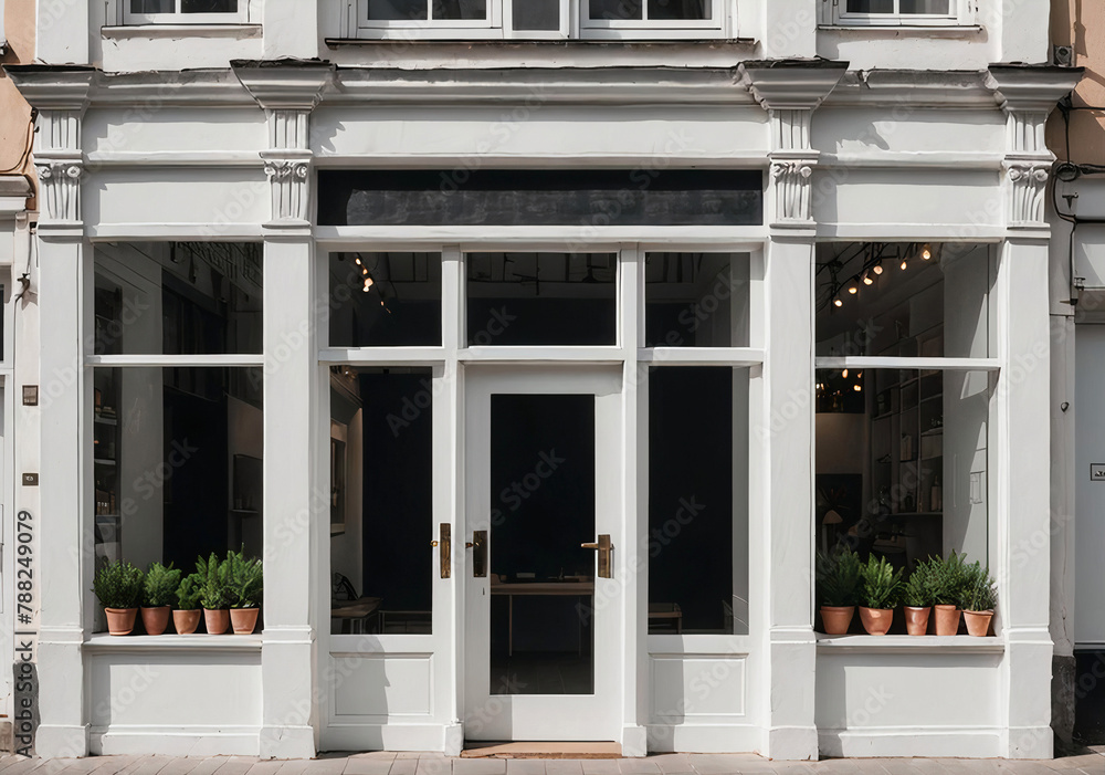 classy retro boutique storefront template , white shop facade mockup ...