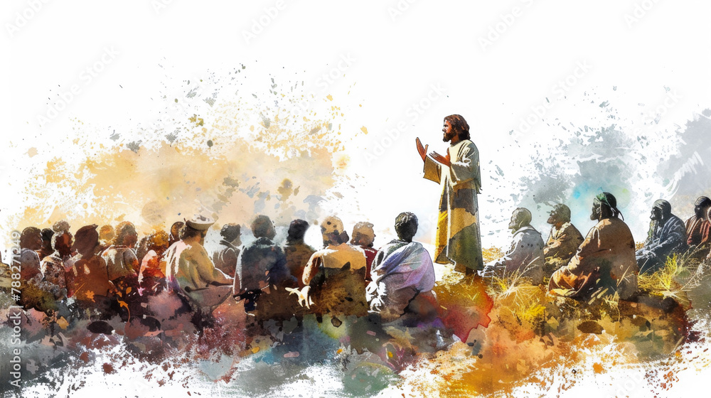 Jesus preaching the Sermon on the Mount depicted in a digital ...