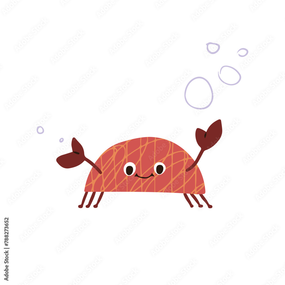 Cute underwater world with sea crab and bubbles in doodle cartoon style ...