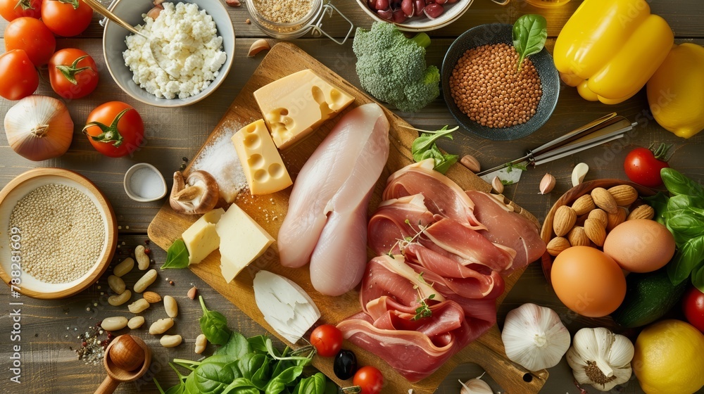 Balanced nutrition concept, kitchen table with ingredients from the 5 ...