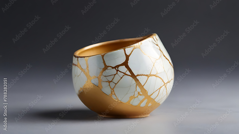Wabi sabi cup repaired using Japanese Kintsugi or kintsugi technique emphasizing the cracks with ...