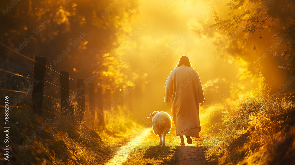 An image of Jesus guiding a lost sheep back to the flock along a scenic ...