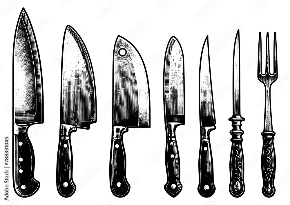 set of four chef knives with varying blade shapes and handle designs ...