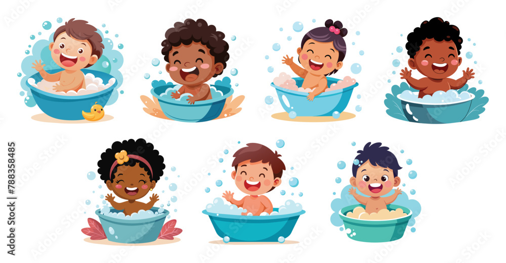 Cheerful babies enjoying bath time, vector cartoon illustration. Stock ...