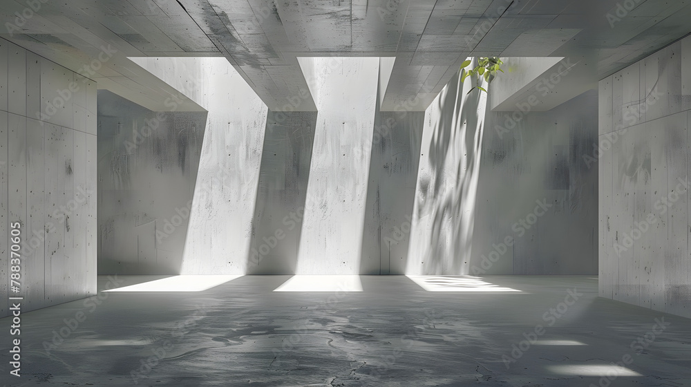 Abstract empty, modern concrete room with sloped piillar row, atrium ...