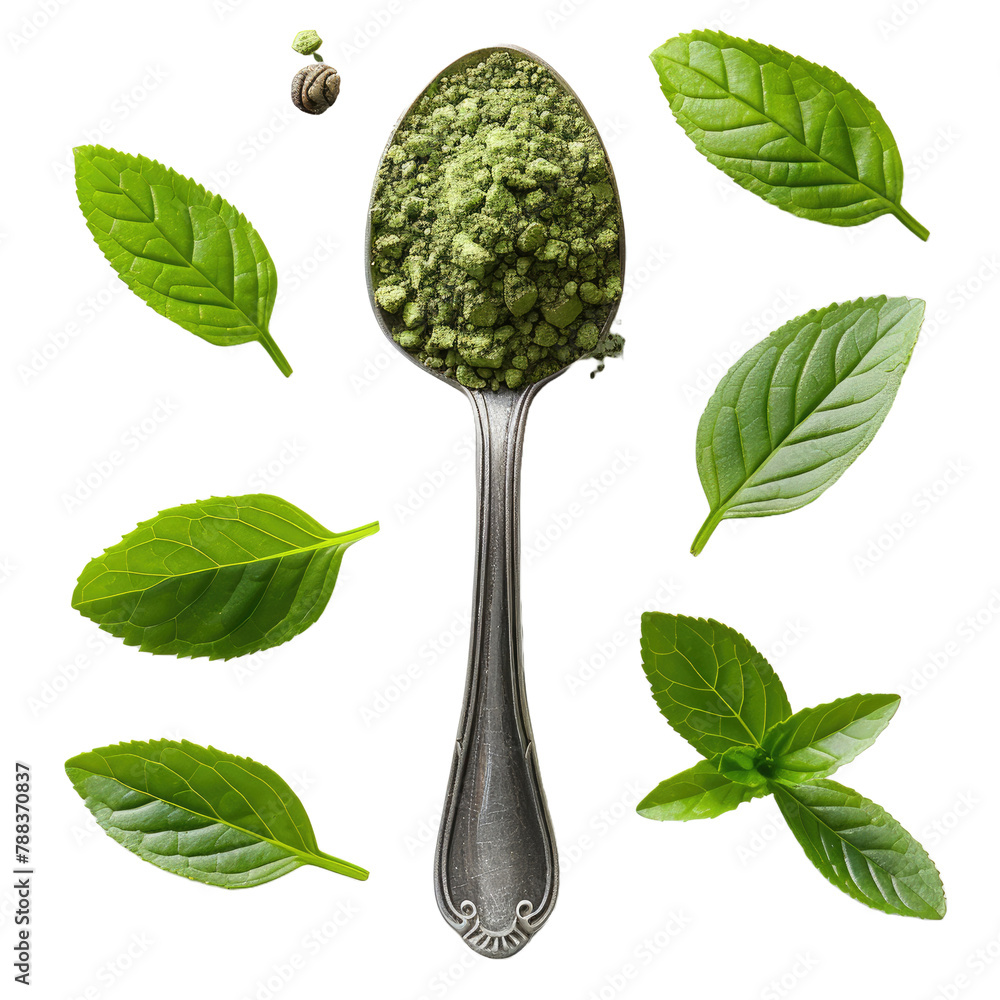 Green matcha powder in a spoon with tea leaves On isolated transparent ...