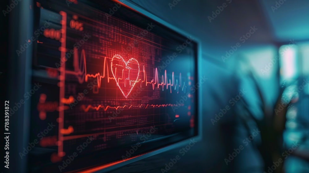 Heart monitor screen showing vital signs, dim room light, close frontal ...