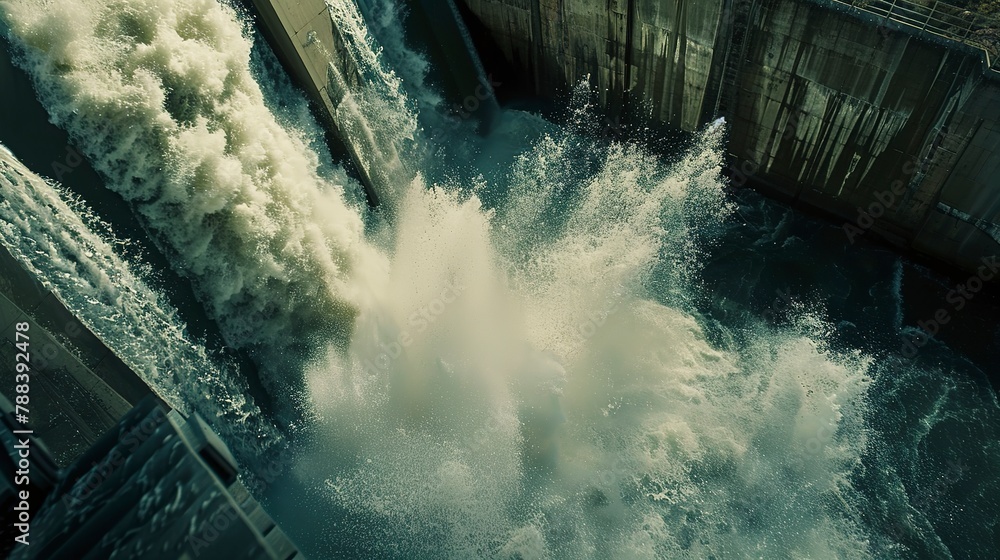 Hydropower dam release gate open, water spray close-up, dynamic angle ...