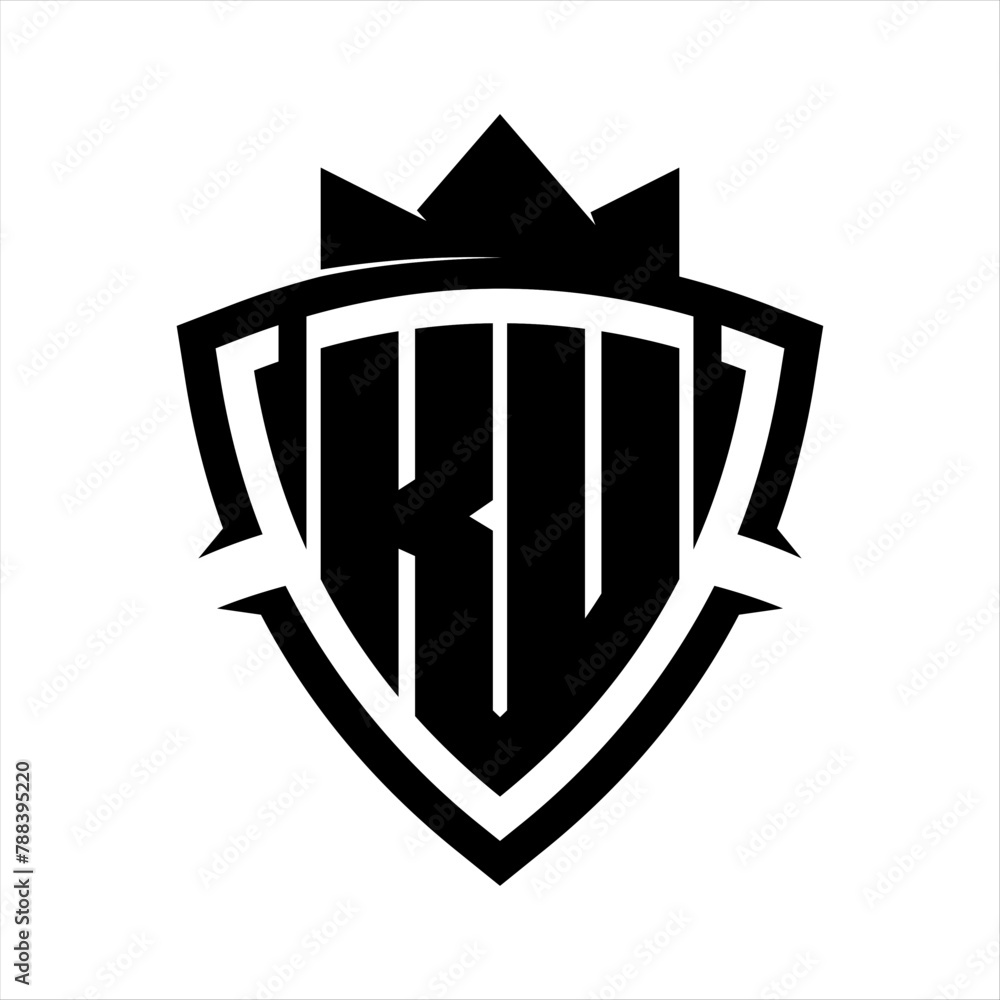 KU Letter bold monogram triangle curve shield shape with crown black and white background color ...