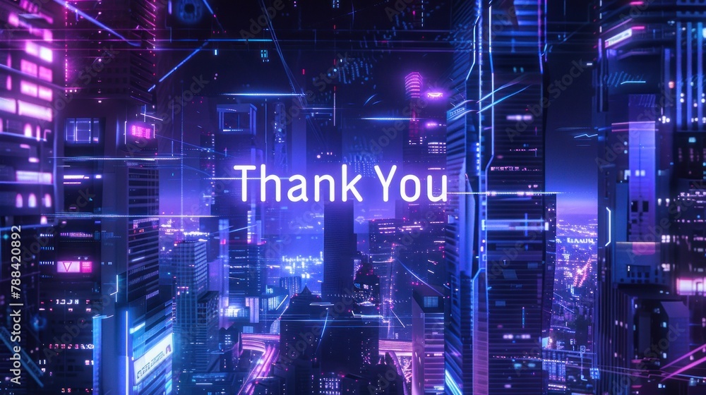 A futuristic cityscape background with holographic elements and "Thank ...