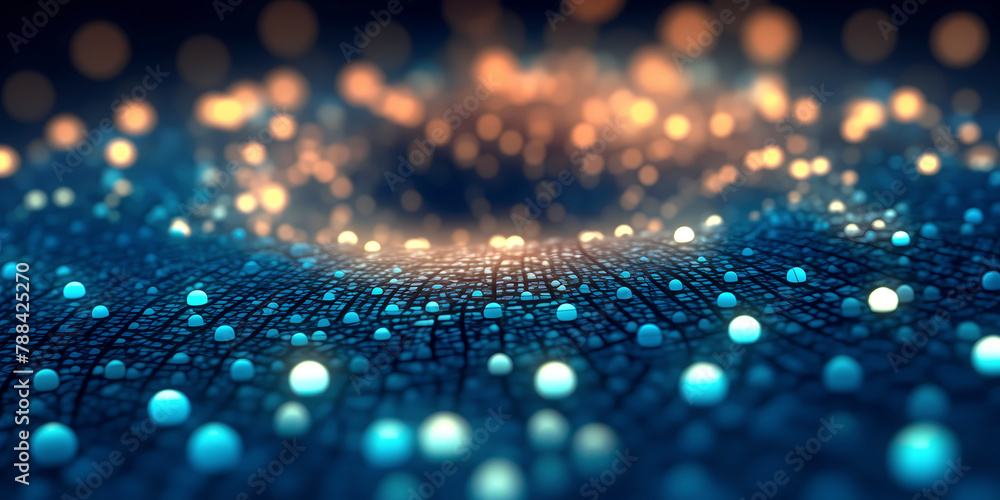 Abstract tech background with digital particles, quantum computing network system, artificial ...